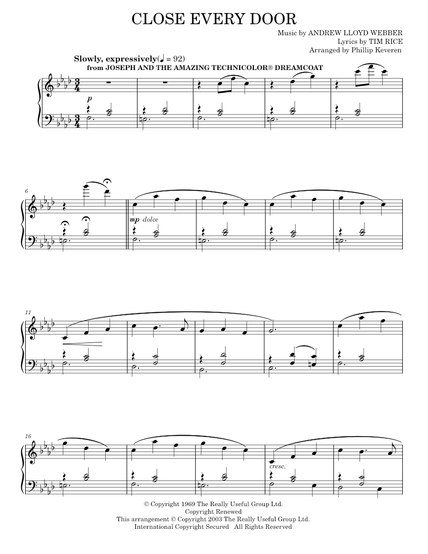 Play Official version of Close every door sheet music by Andrew Lloyd Webber for Piano ...