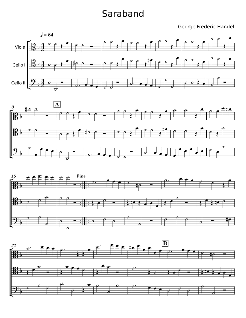 Saraband – George Frederic Handel Sheet music for Viola, Cello (Mixed ...