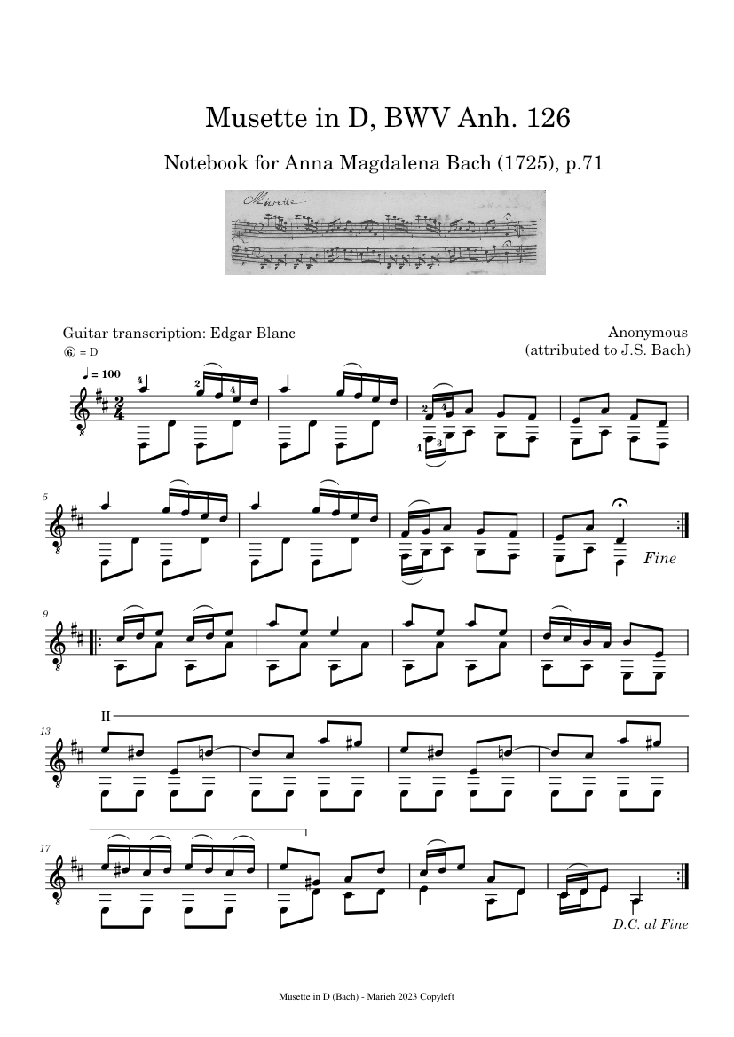 Musette in D major, BWV Anh.126 – Johann Sebastian Bach Sheet Music for ...
