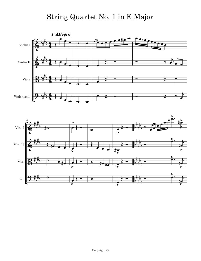String Quartet No. 1 in E Major Sheet music for Violin, Viola, Cello ...