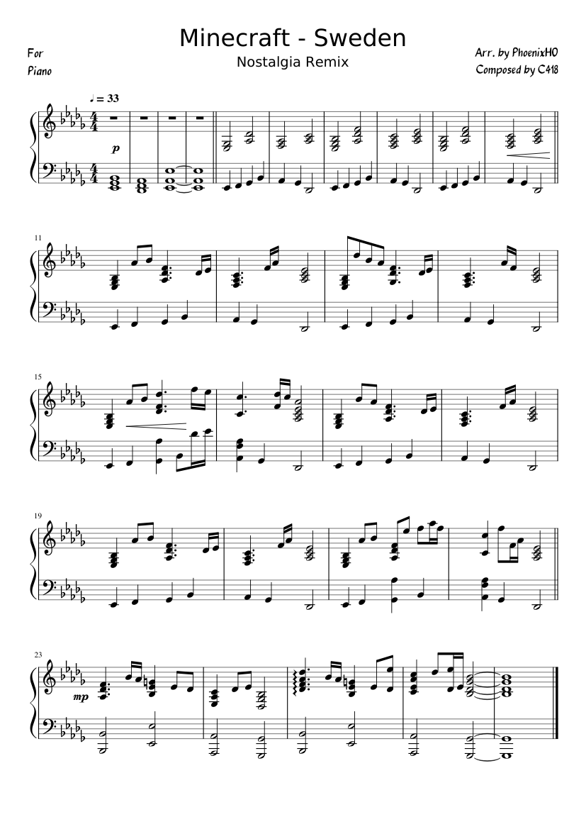Minecraft - Sweden | Nostalgia Remix Sheet Music for Piano (Solo) easy ...