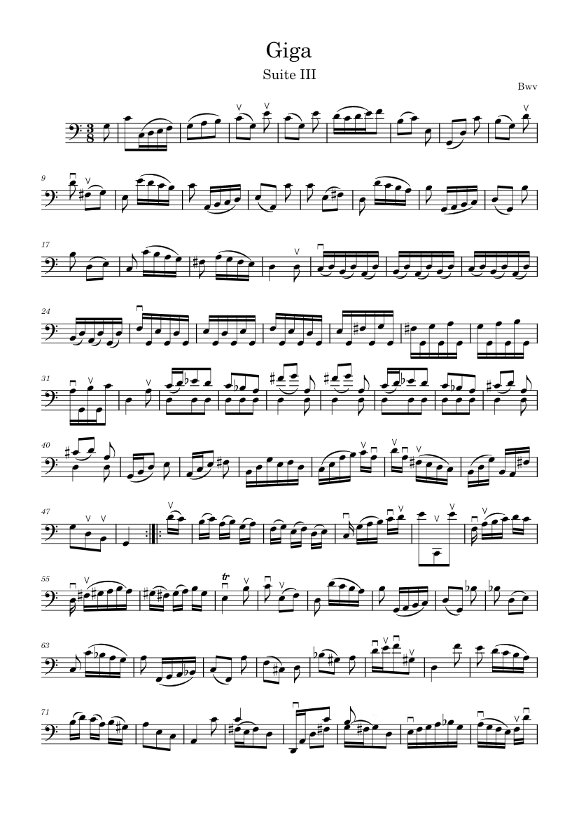 Giga_Suite III_Bach Sheet music for Cello (Solo) | Musescore.com