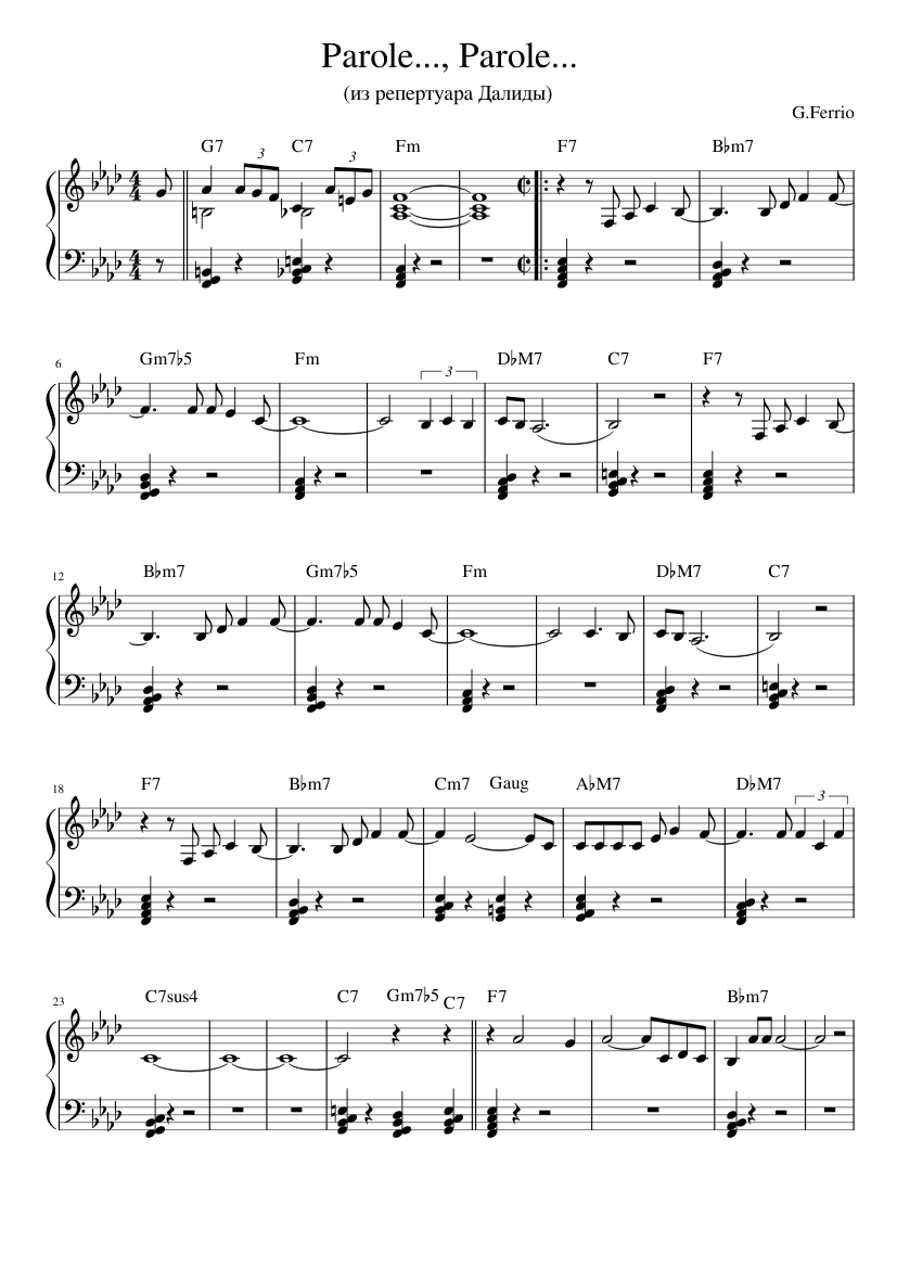 Parole..., Parole... Sheet Music with Chords for Piano (Solo) easy ...
