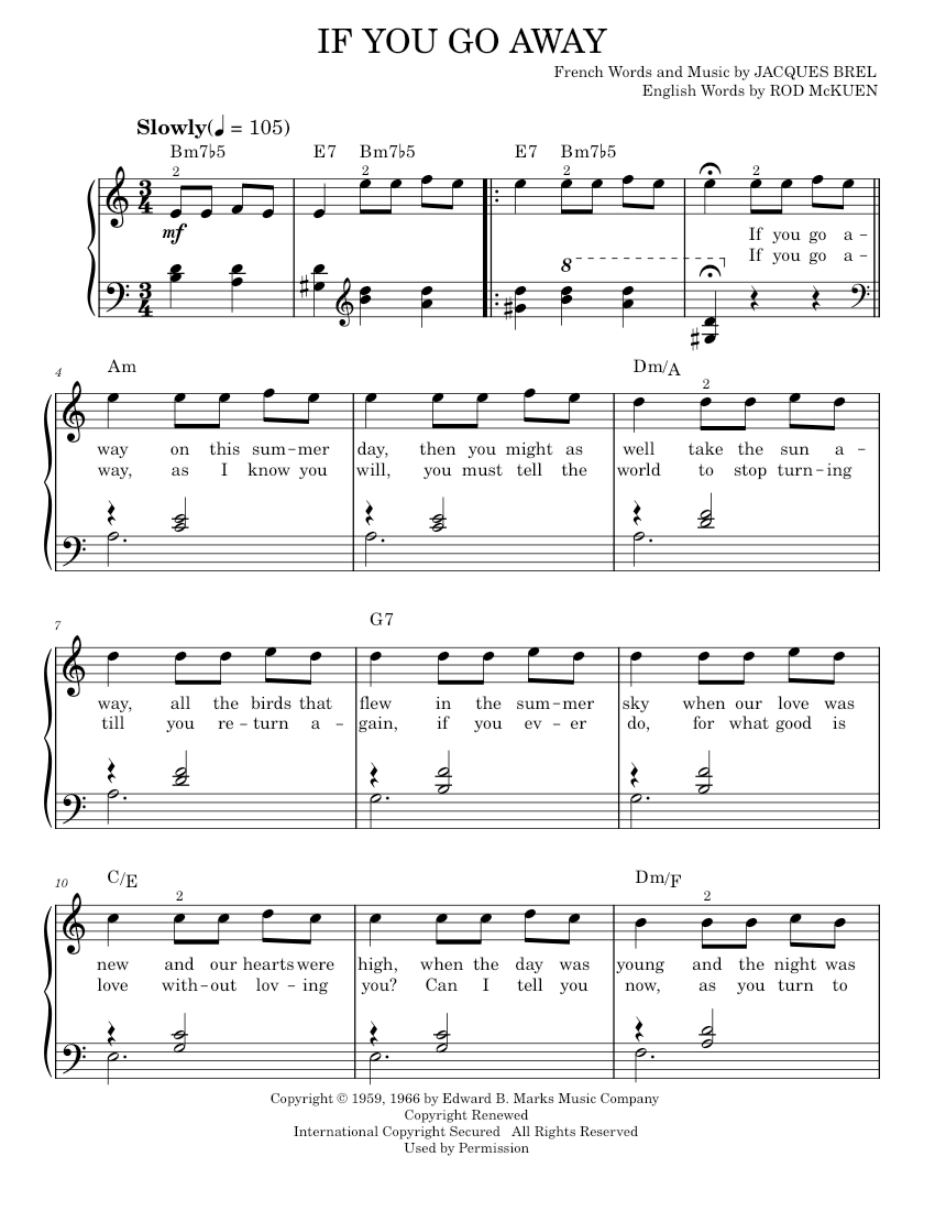 If You Go Away Sheet music for Piano by Jacques Brel Official ...