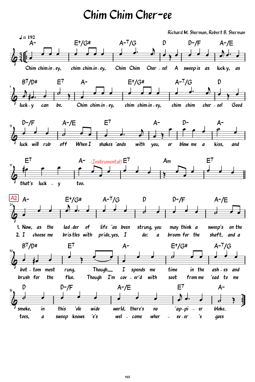 Chim Chim Cher-ee (Lead sheet with lyrics ) Sheet music for Vocals ...