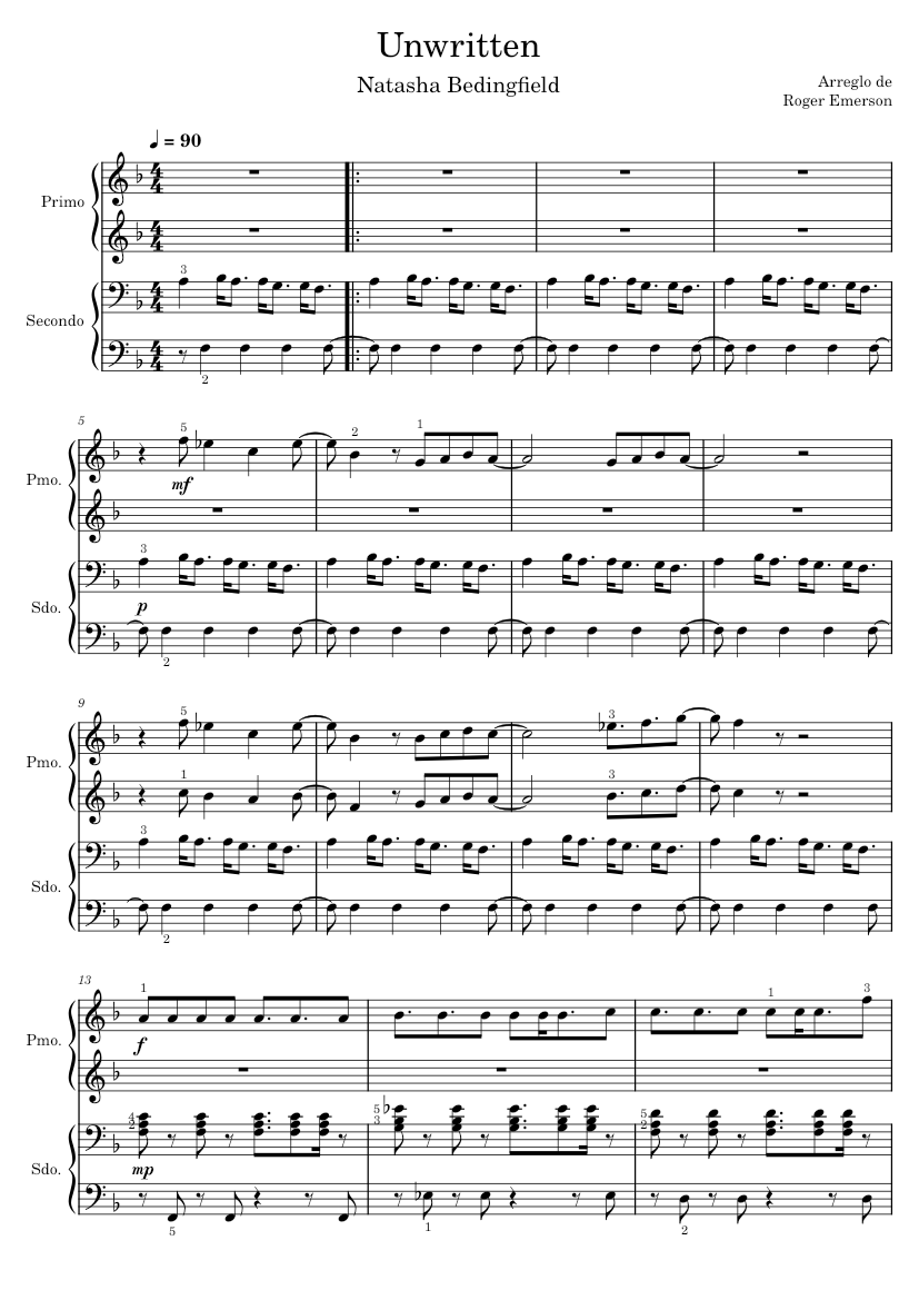 Unwritten – Natasha Bedingfield Unwritten - 4 hands Piano Sheet Music ...