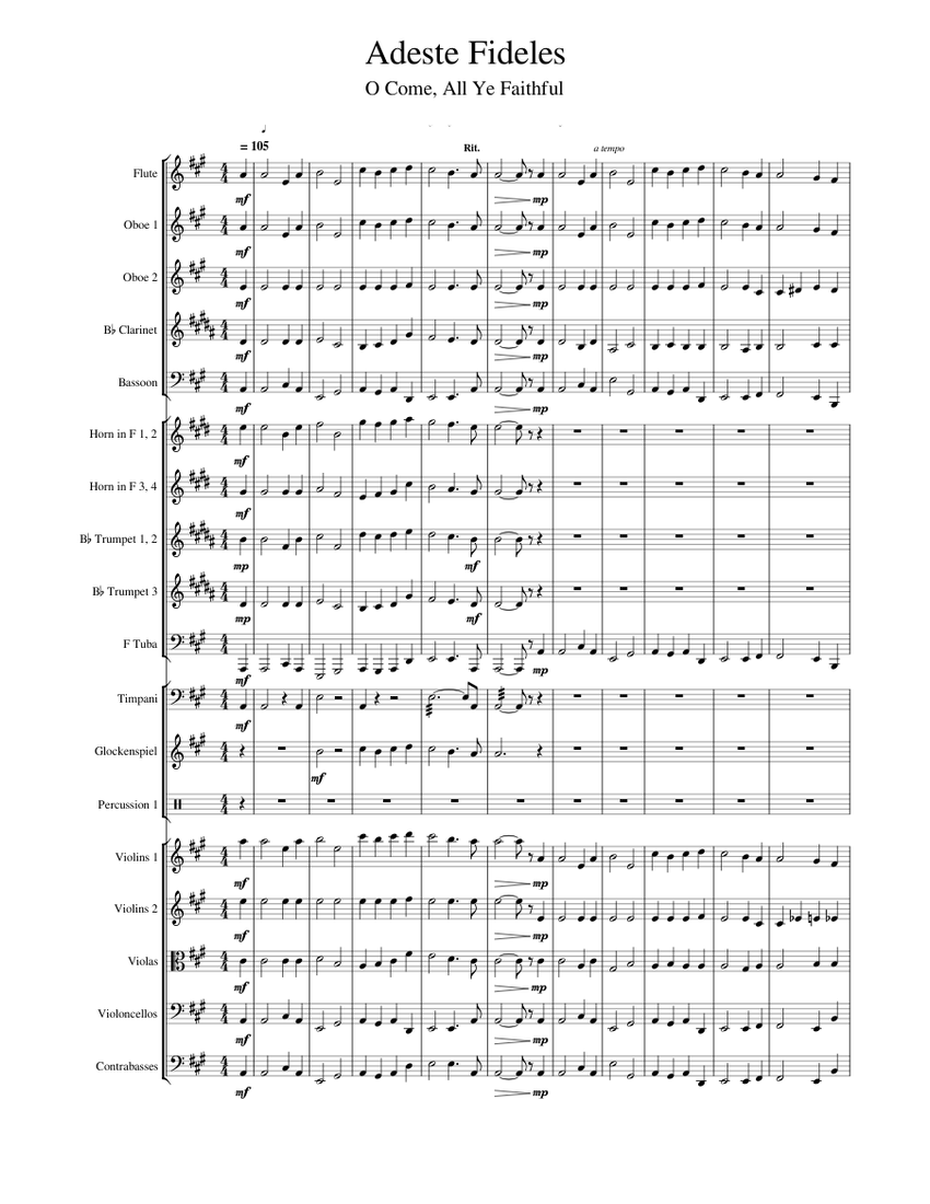 Adeste Fideles (O Come, All Ye Faithfull) Christmas Song Sheet music for Tuba, Flute, Oboe ...