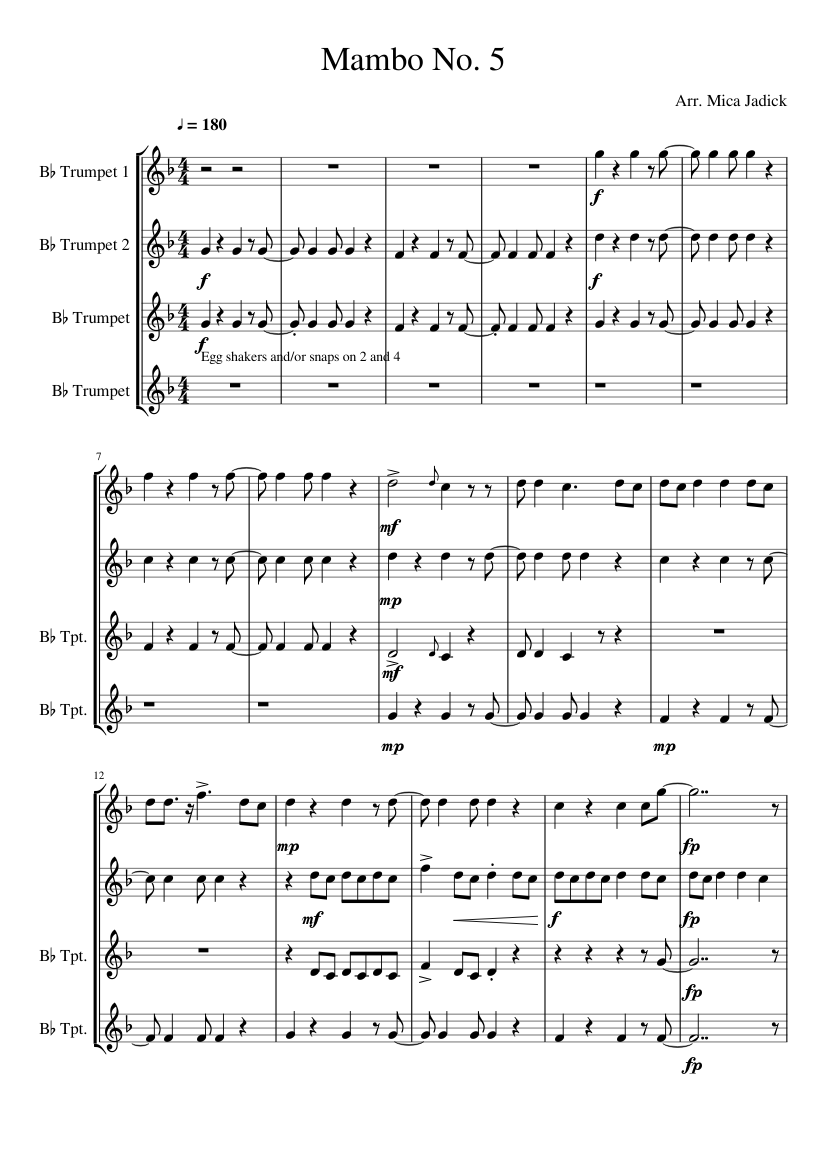 Mambo No. 5 Trumpet Quartet Sheet music for Trumpet in b-flat (Mixed ...