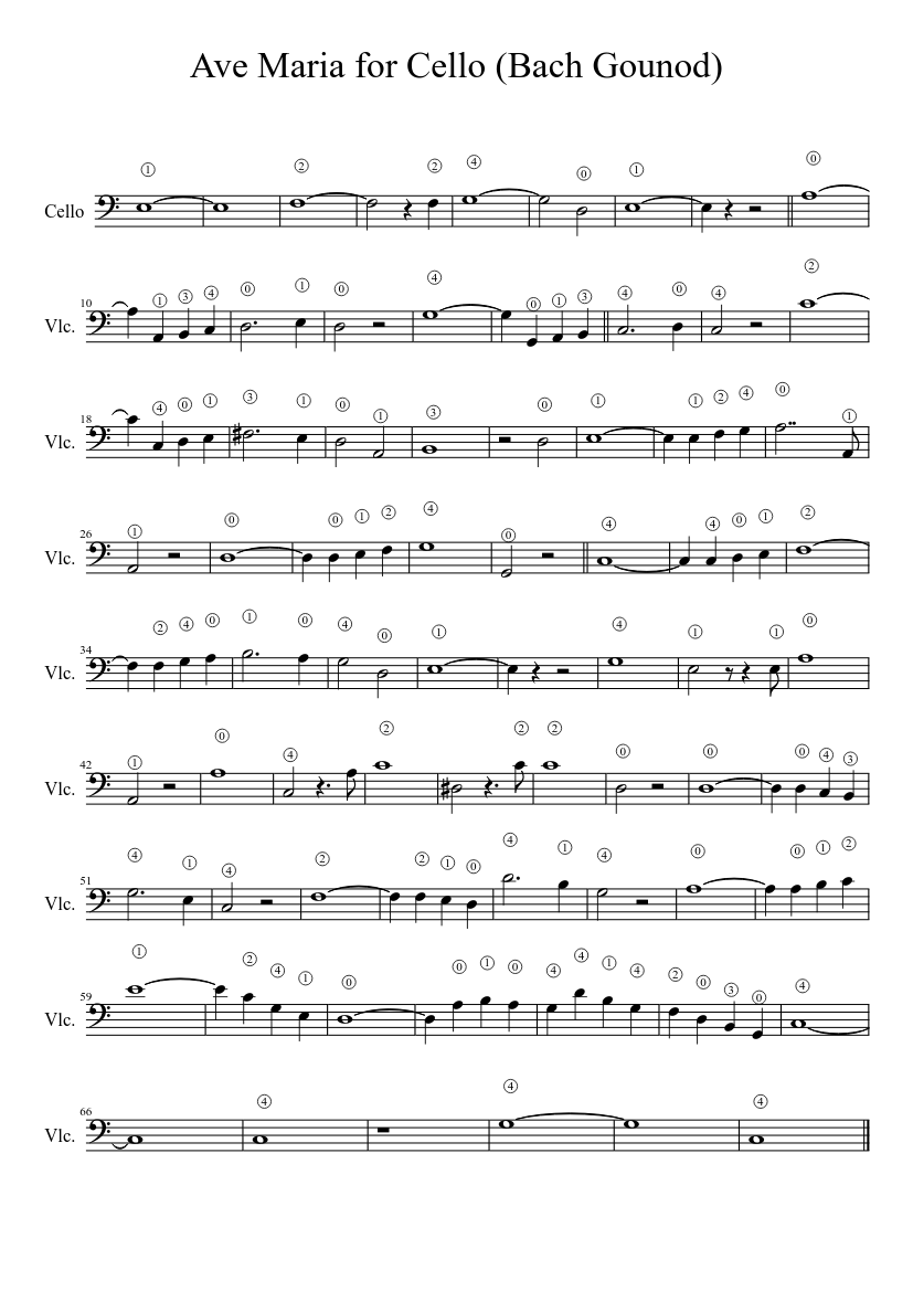 Ave Maria for Cello (Bach Gounod) Fingering numbers Sheet music for ...
