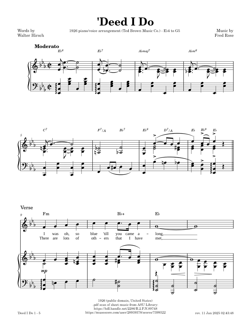 'Deed I Do – Fred Rose [1926 piano / voice sheet music] Sheet music for ...
