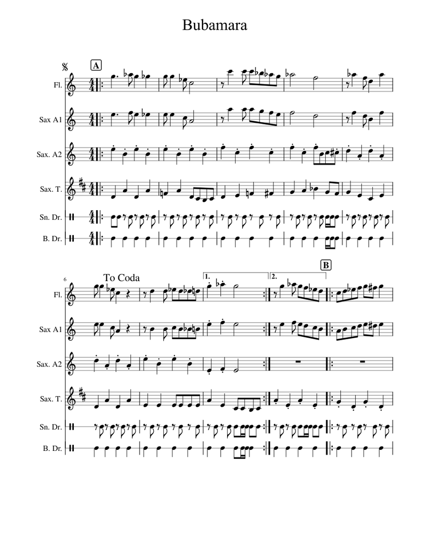 Bubamara Sheet music for Flute, Saxophone alto, Saxophone tenor (Mixed Trio) | Musescore.com