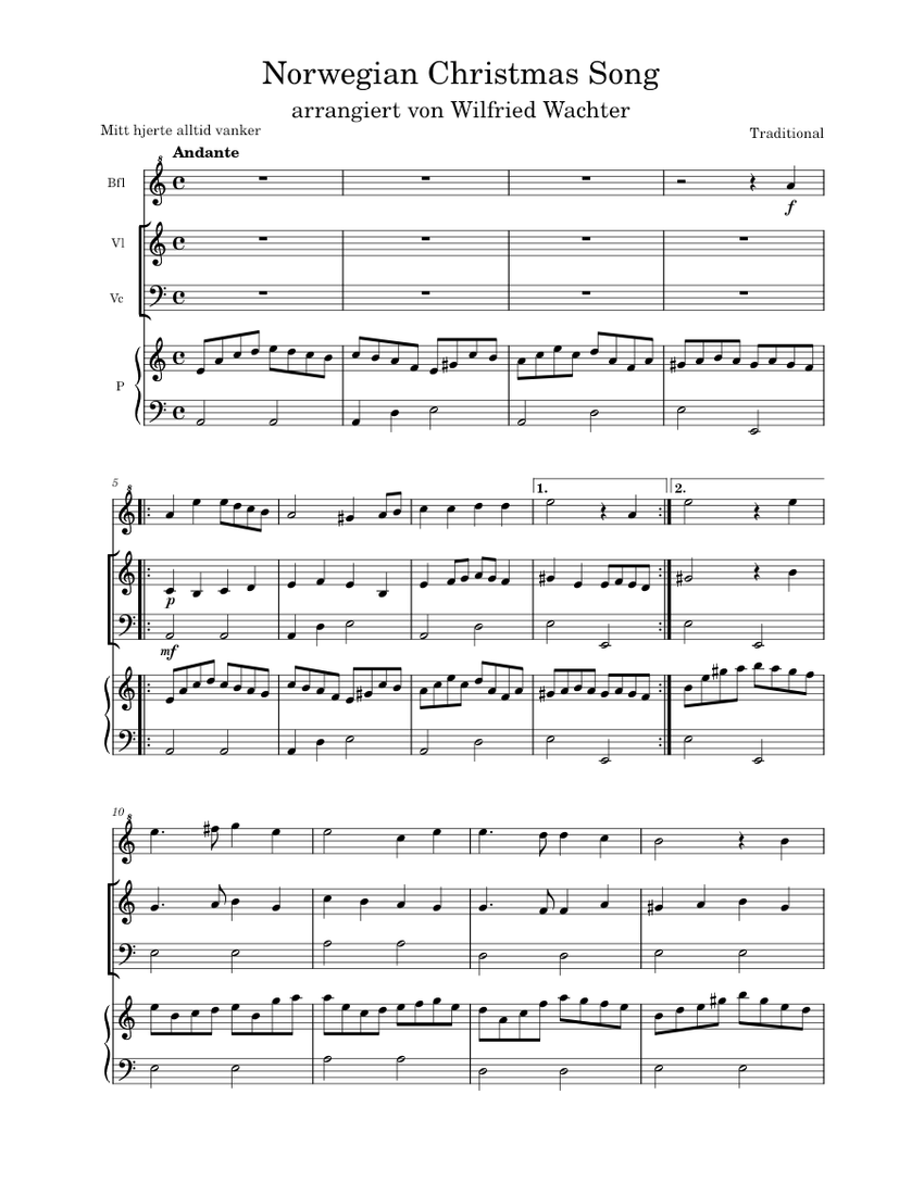 Norwegian_Christmas_Song Sheet music for Piano, Violin, Cello, Recorder ...