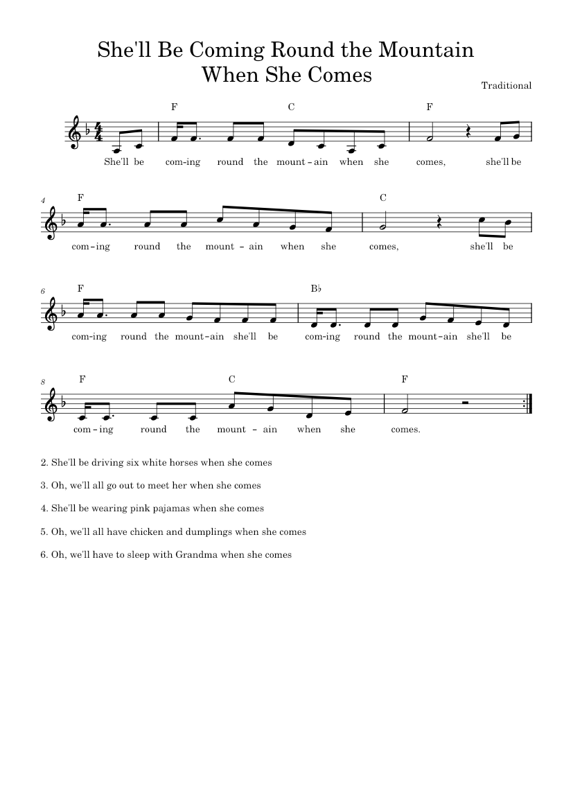 She'll Be Coming Round the Mountain When She Comes – Traditional Sheet ...
