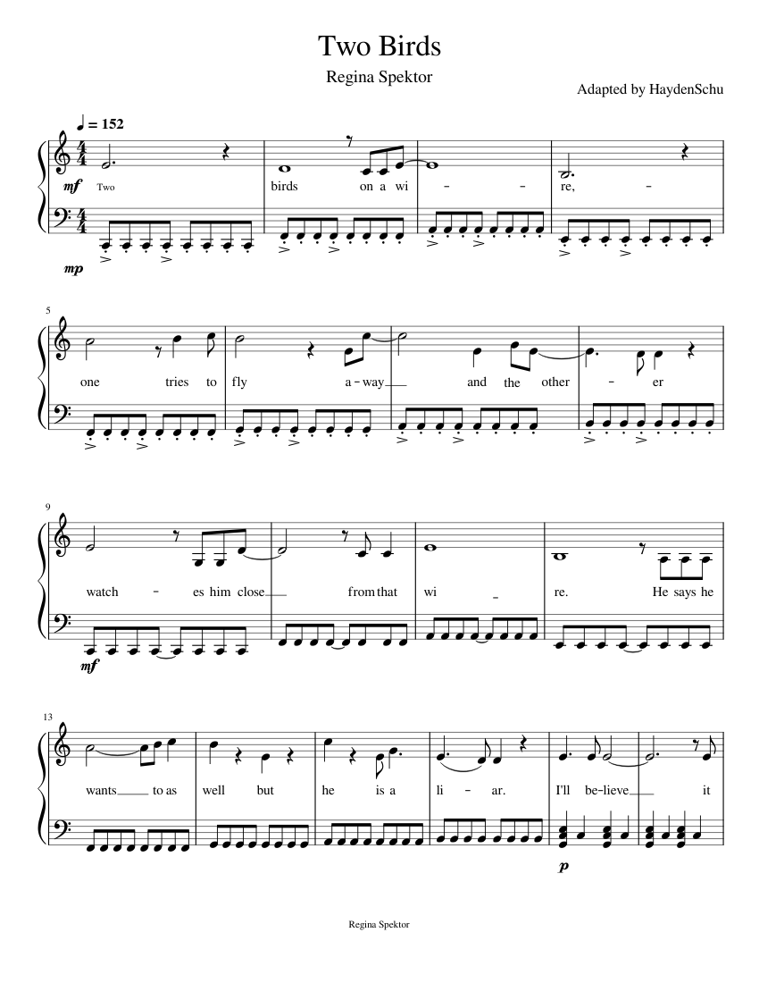 Two birds – Regina Spektor Piano solo Sheet Music for Piano (Solo) | MuseScore.com