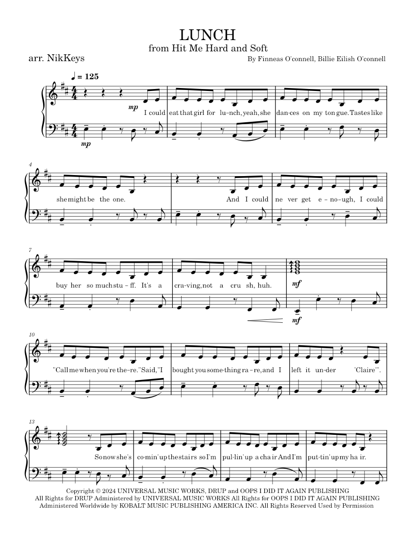LUNCH – Billie Eilish Sheet Music for Piano (Solo) | MuseScore.com