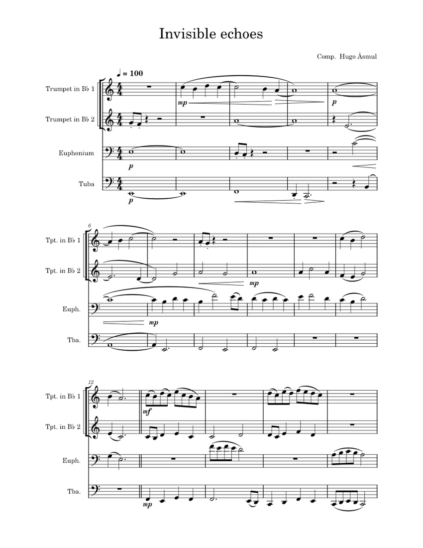 Invisible echoes - Hugo Åsmul Sheet music for Tuba, Trumpet other (Brass Quartet) | Musescore.com