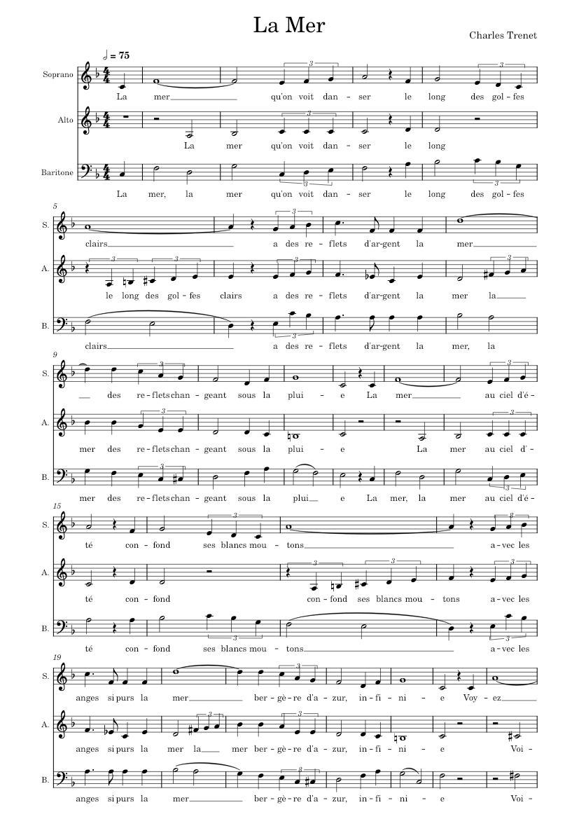 La Mer – Charles Trenet La Mer Sheet Music for Soprano, Alto, Bass ...