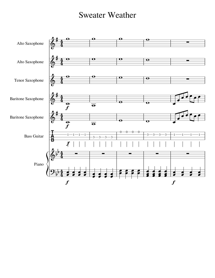 Sweater Weather Sheet music for Piano, Saxophone alto, Saxophone tenor ...