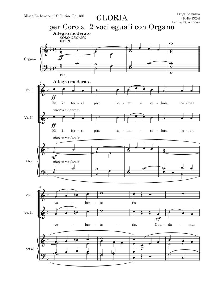 Gloria a 2 v. eguali con Organo (in honorem S. Luciae, Op. 180), L ...
