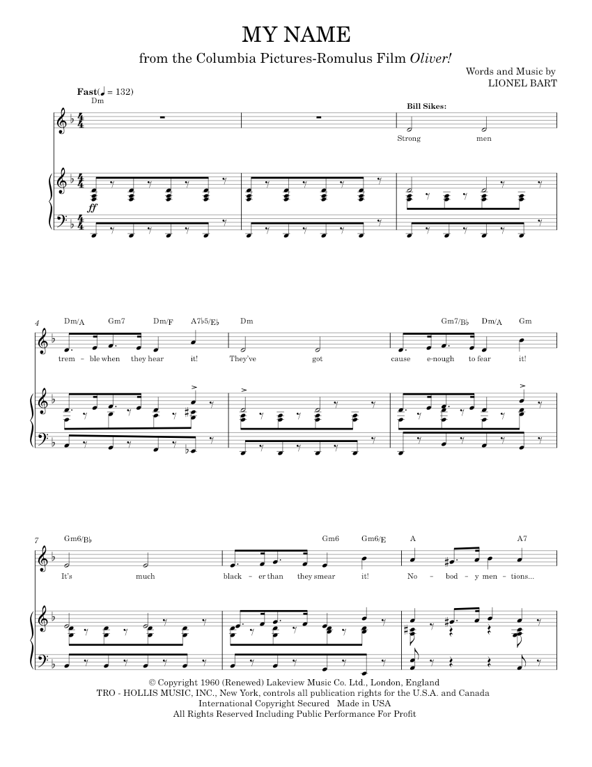 Play Official version of My Name Sheet Music by Lionel Bart, Oliver ...