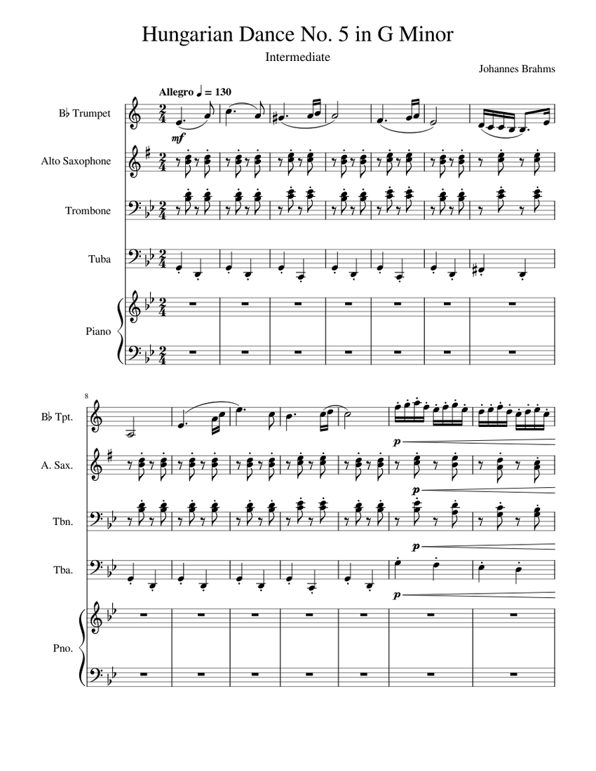 Hungarian_Dance_No._5_in_G_Minor Sheet music for Piano, Trombone, Tuba ...