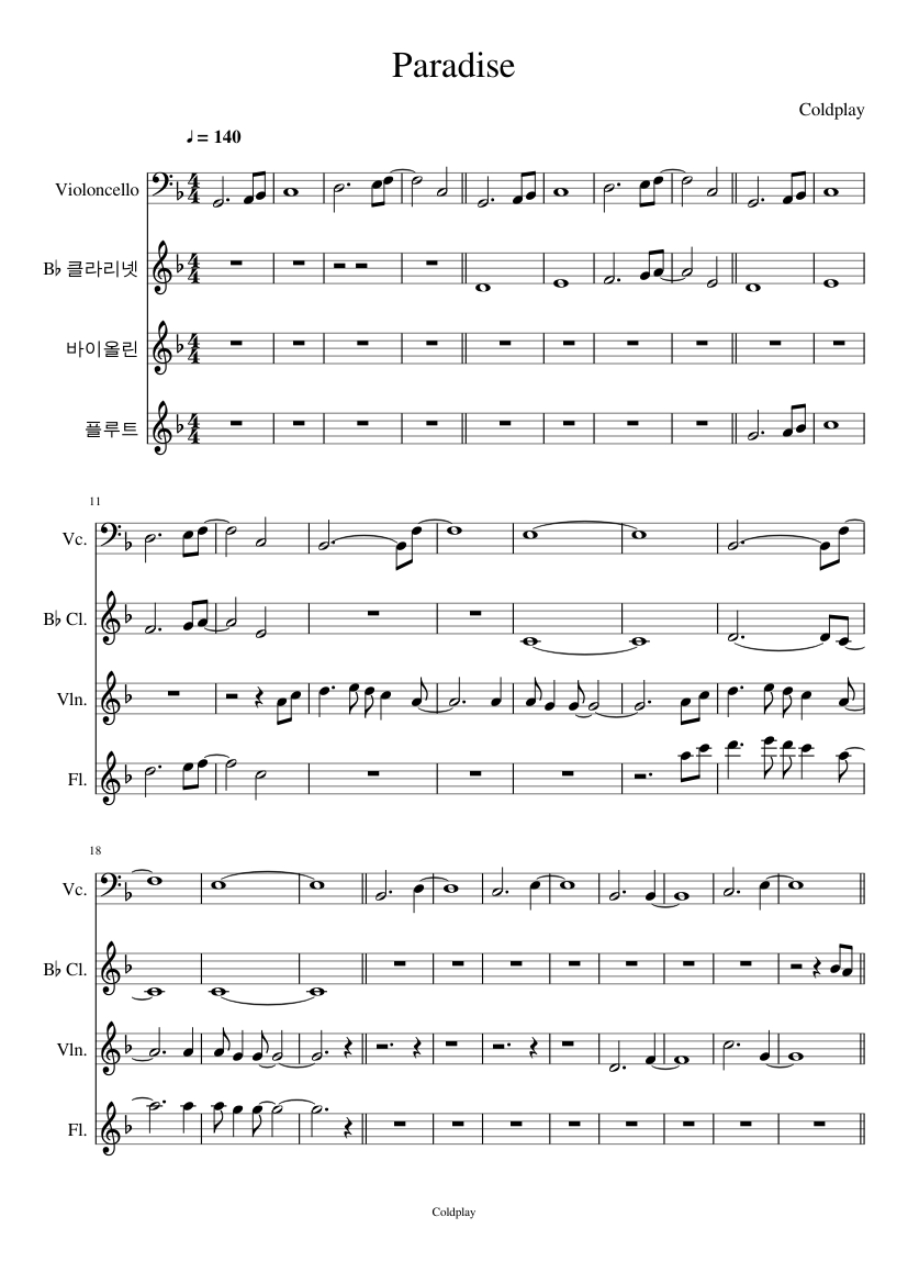 Paradise Sheet music for Flute, Clarinet in b-flat, Violin, Cello ...