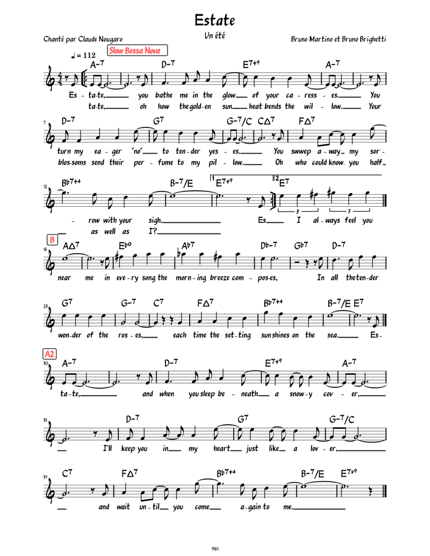 Estate (Lead sheet with English and Italian lyrics ) Sheet music for ...
