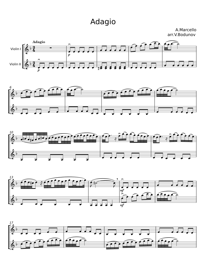 Adagio - A. Marcello Sheet music for Violin (String Duet) | Musescore.com
