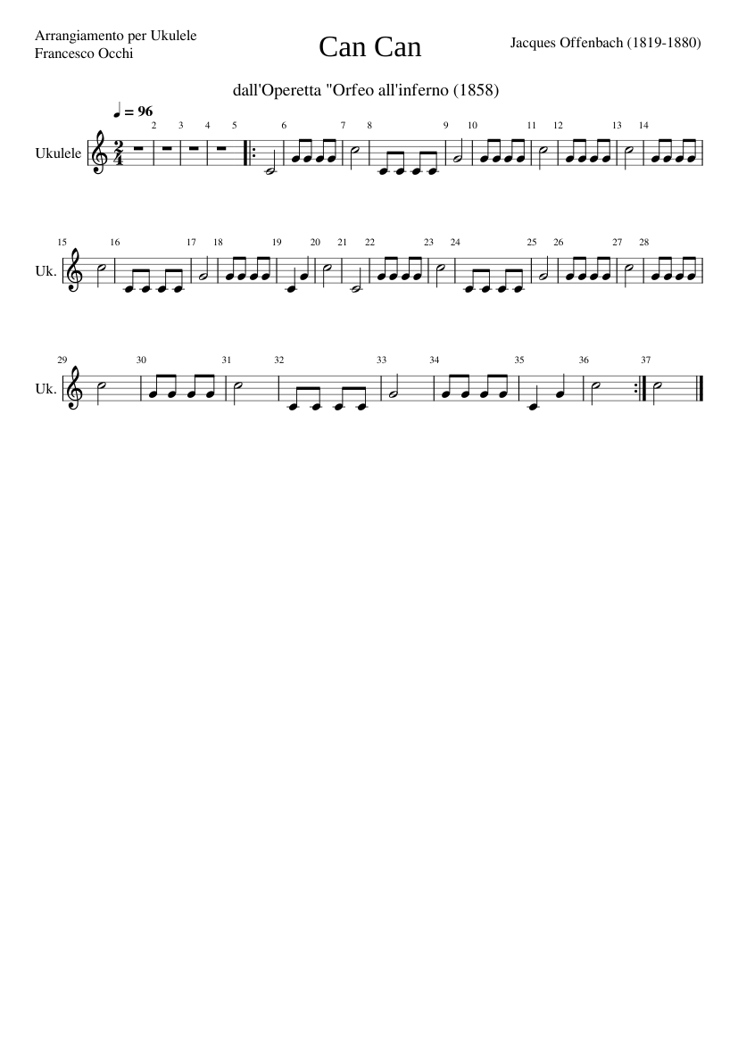 Can Can Ukulele 3 notes (C4 G4 C5) – Jacques Offenbach Sheet Music for ...