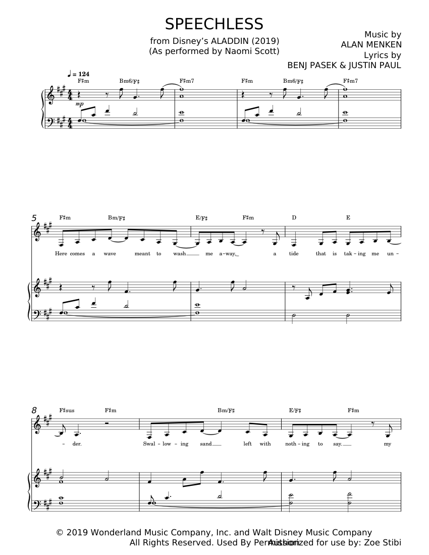Speechless - Alan Menken Sheet Music for Piano, Vocals (Mixed Trio ...
