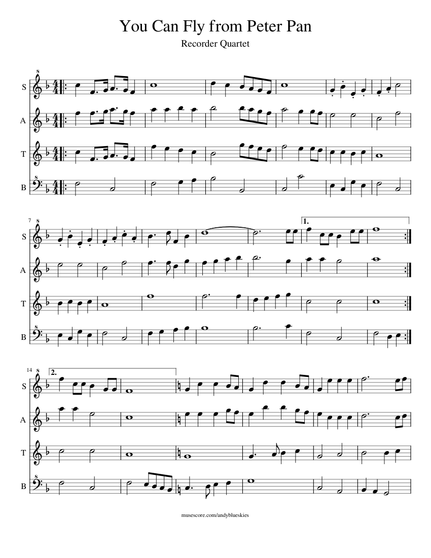 You Can Fly from Peter Pan - Recorder Quartet Sheet music for Recorder ...