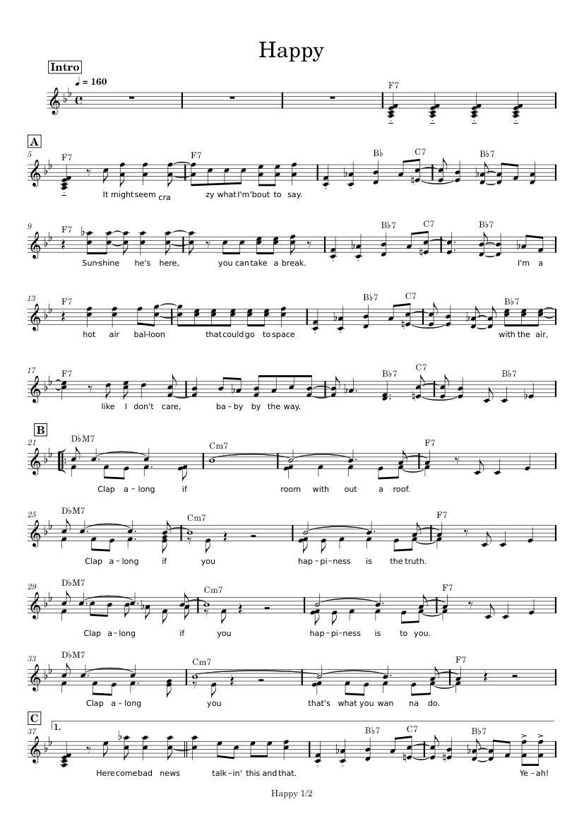 Happy – Pharrell Williams Sheet Music with Chords for Piano (Solo ...