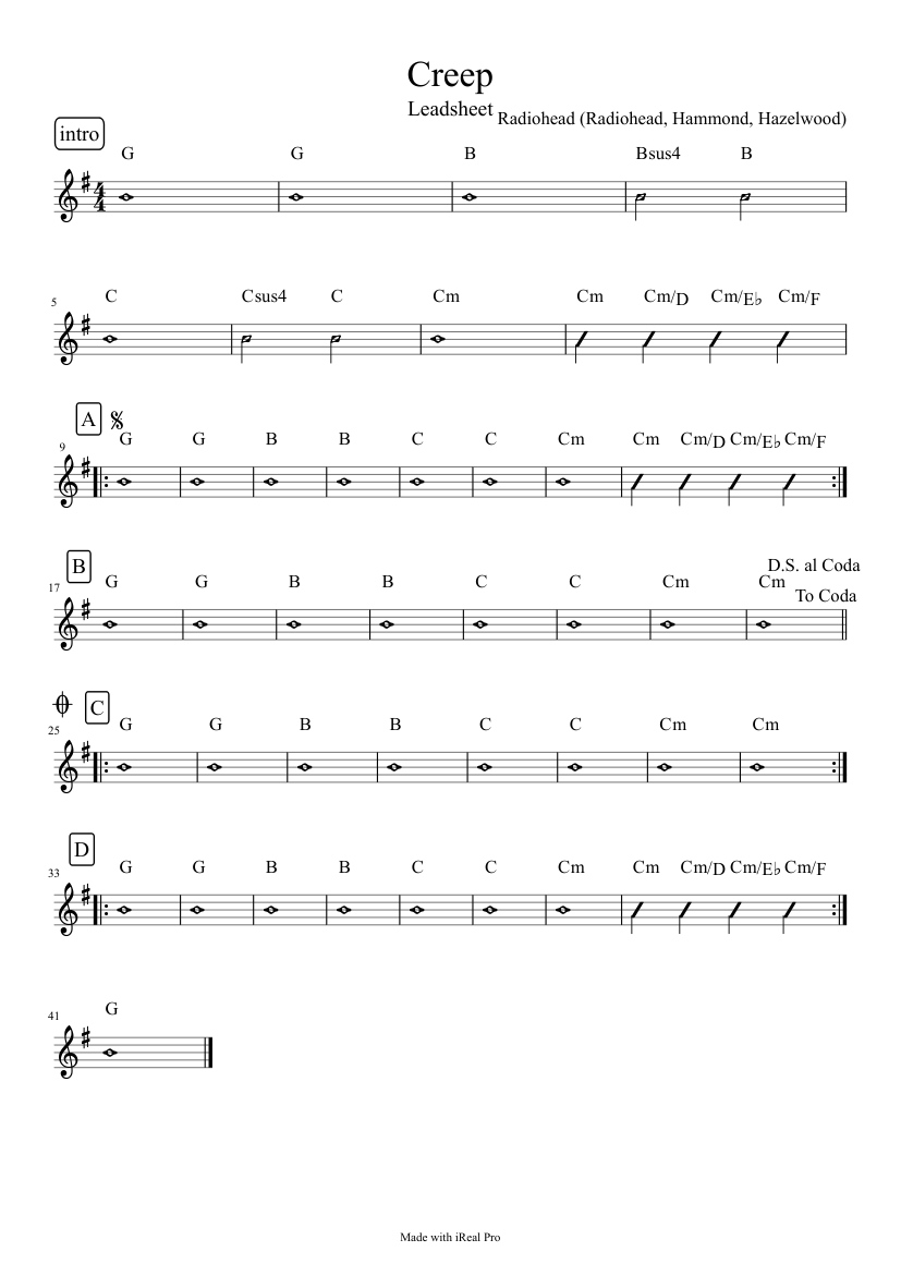 Creep leadsheet Sheet Music with Chords for Piano (Solo) | MuseScore.com