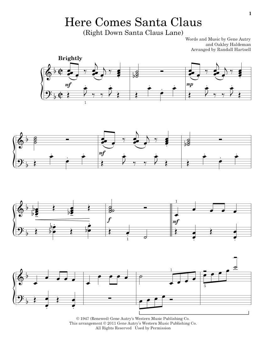 here comes santa claus Sheet music for Piano by Gene Autry Official ...