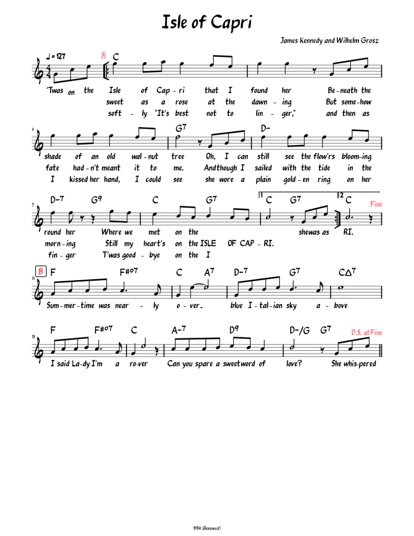 Isle of Capri (Lead sheet with lyrics ) Sheet music for Piano (Solo ...