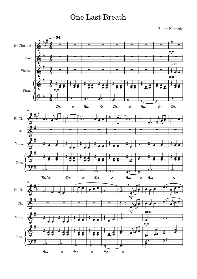 One Last Breath Sheet music for Piano, Oboe, Clarinet in b-flat, Strings group (Mixed Quartet ...