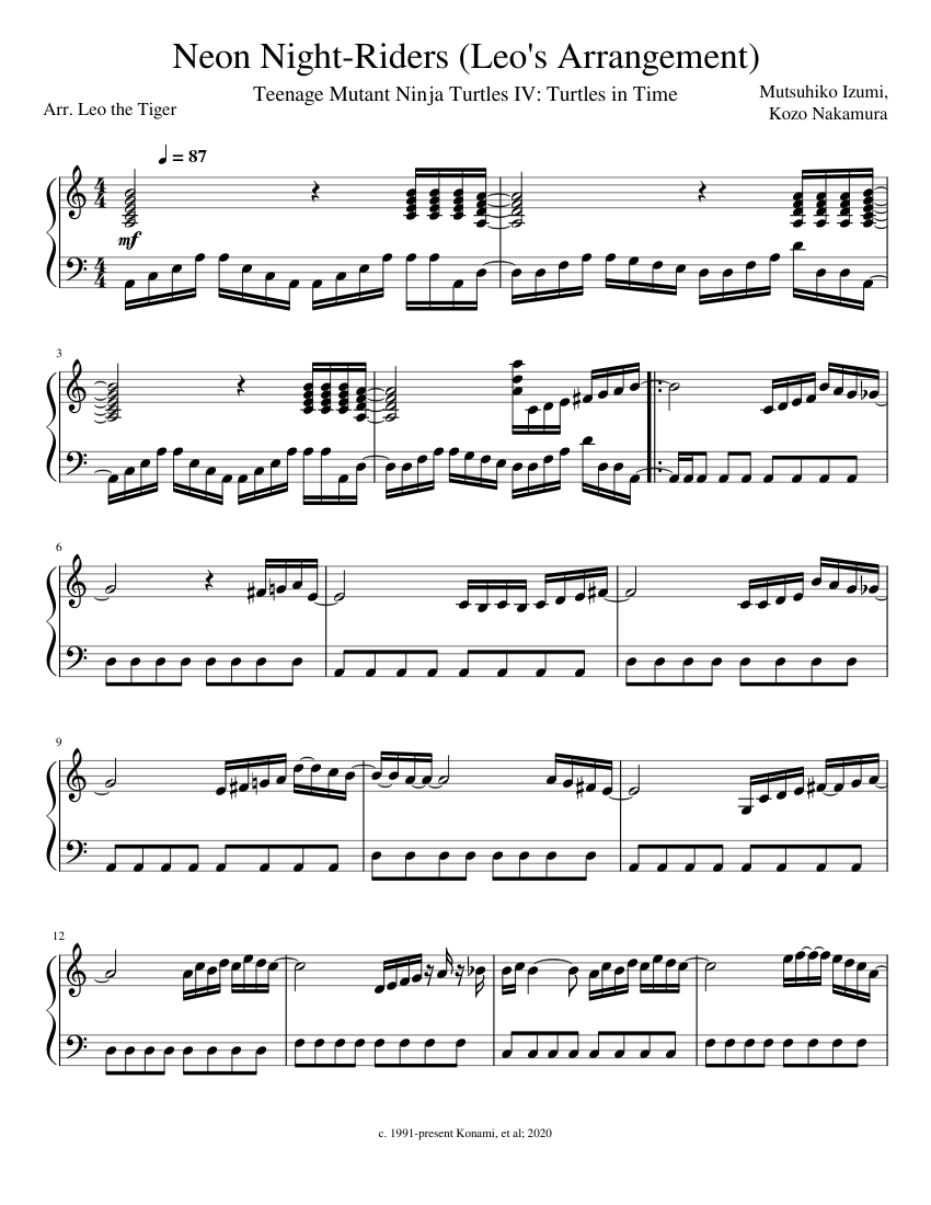 Piano Solo: Neon Night-Riders (TMNT IV: Turtles in Time) Sheet music ...