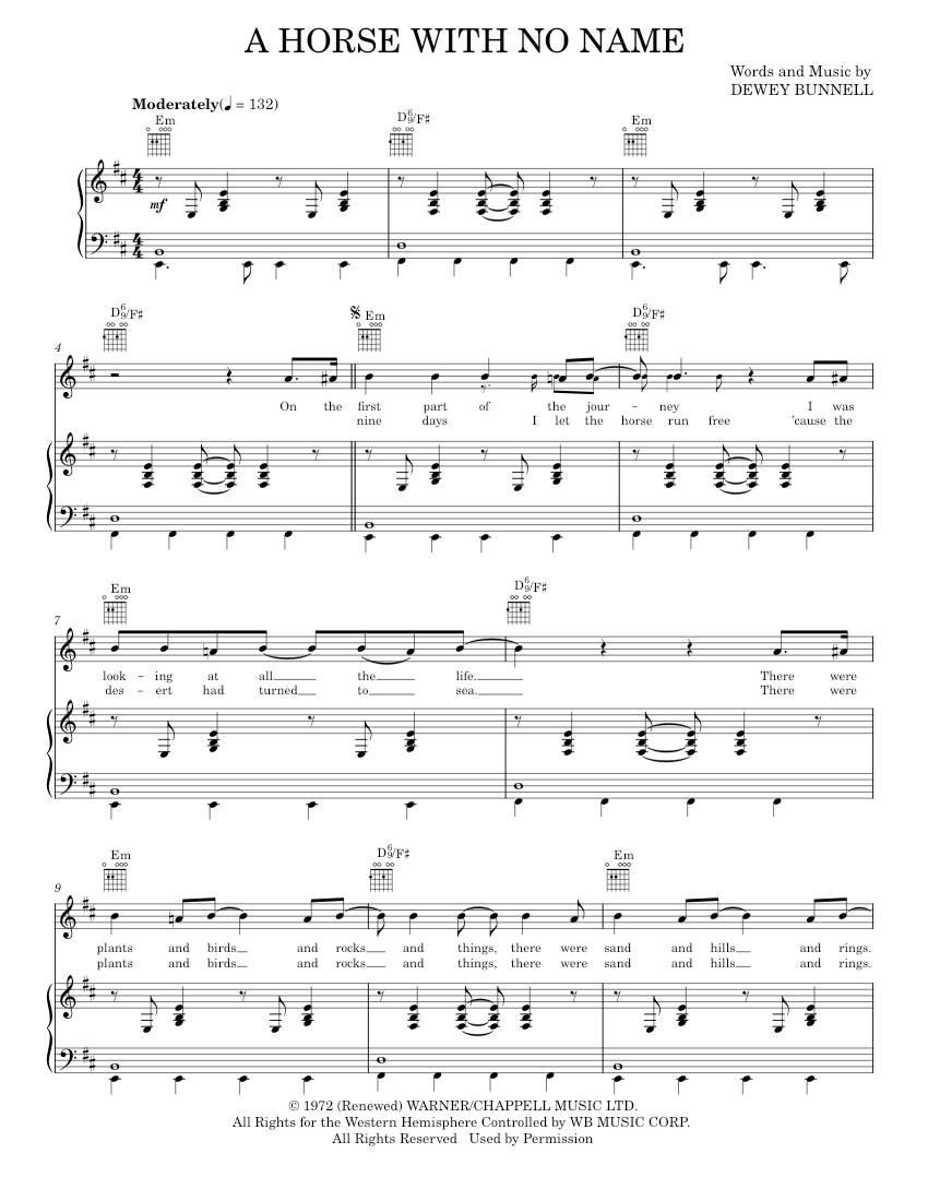 a horse with no name Sheet music for Piano, Vocals by America Official ...