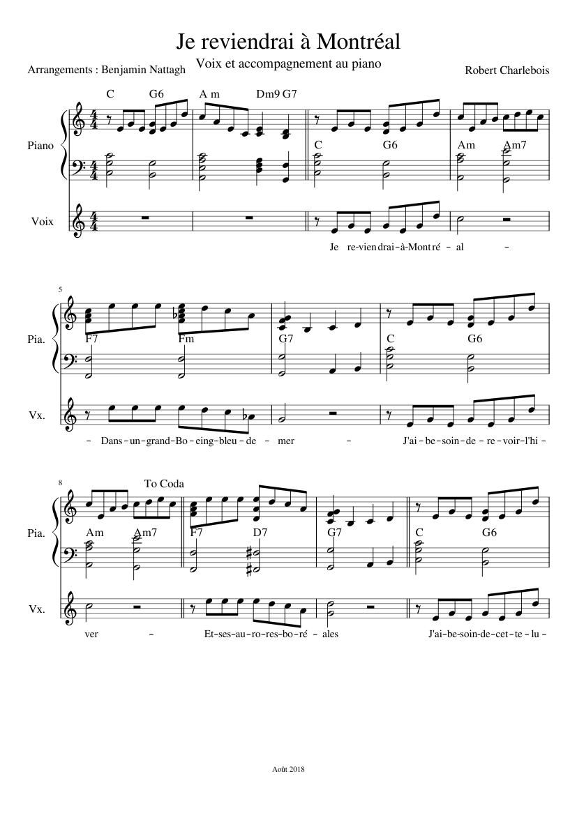 Je reviendrai Montr al arrangementpianovoix Sheet music for Piano ...