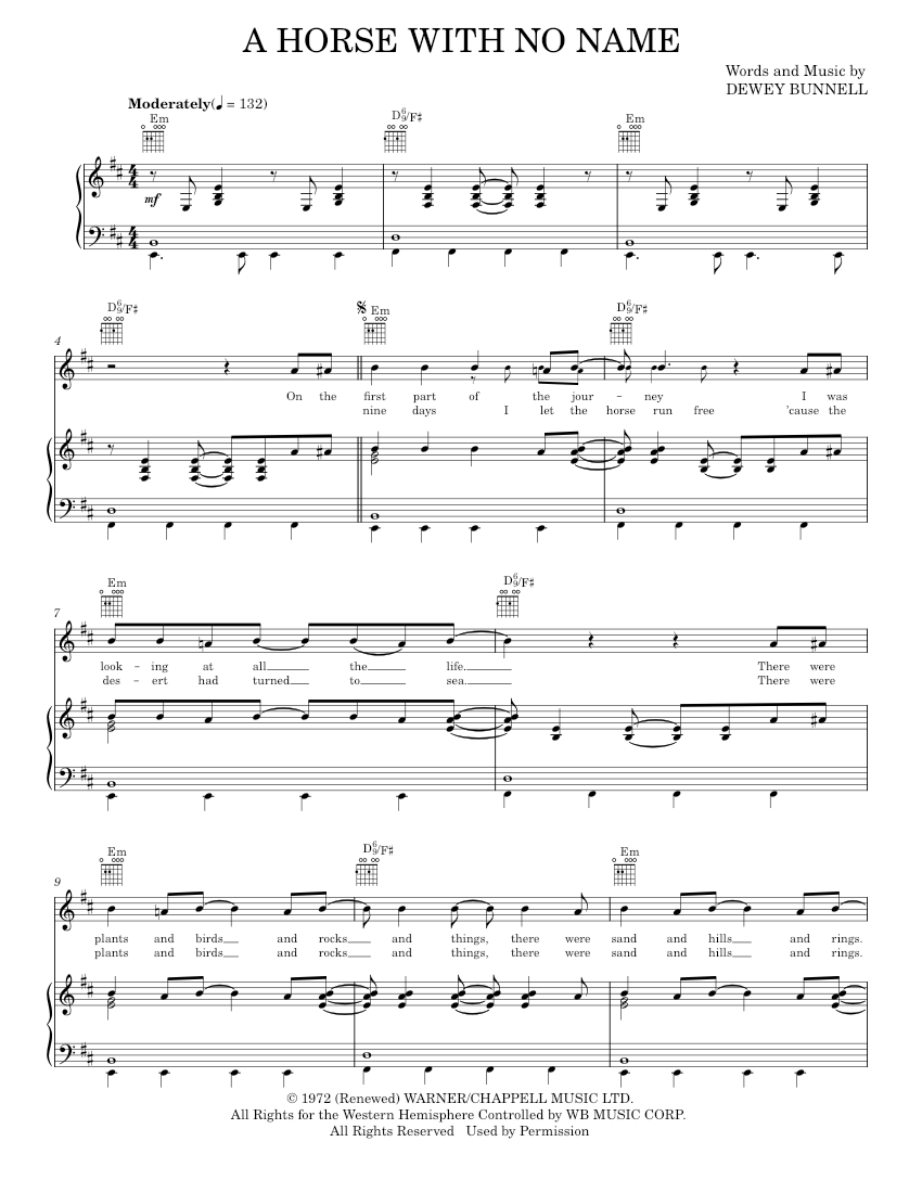 a horse with no name Sheet music for Piano, Vocals by America Official ...