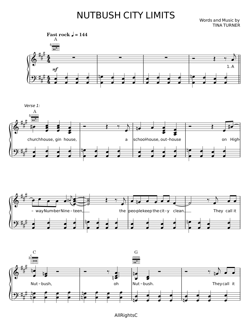 Nutbush city limits - Tina Turner Sheet Music with Chords for Piano ...