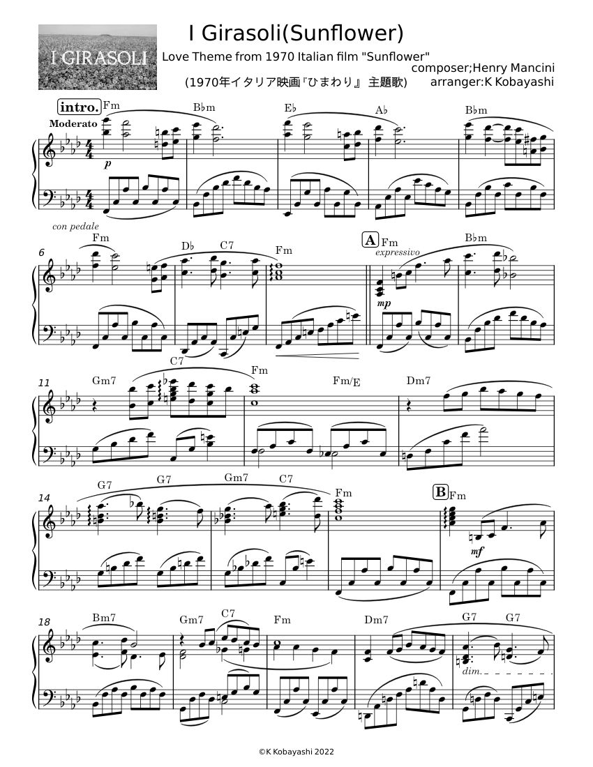 Sunflower - Henry Mancini Sheet Music for Piano (Piano Duo) | MuseScore.com