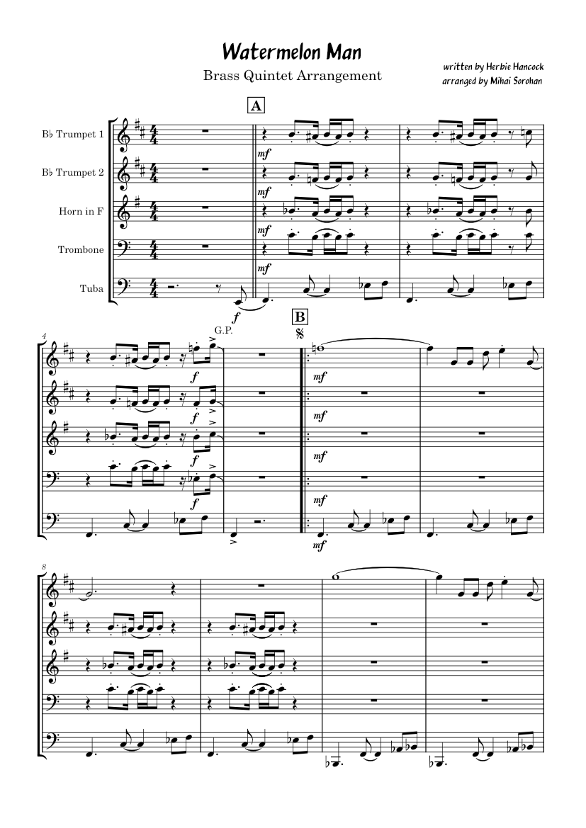 Watermellon Man-Brass Quintet Sheet Music with Chords for Trombone ...