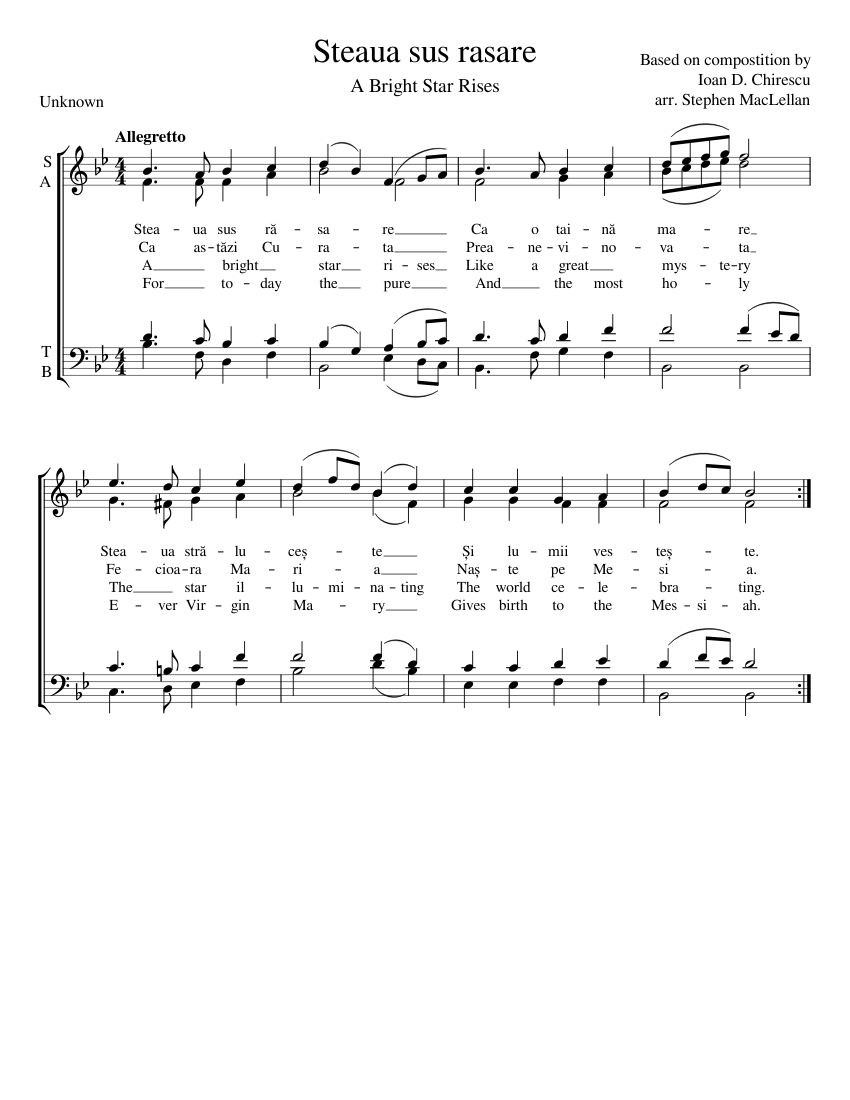 Steaua sus rasare - Romanian Christmas Carol (SATB) Sheet music for ...
