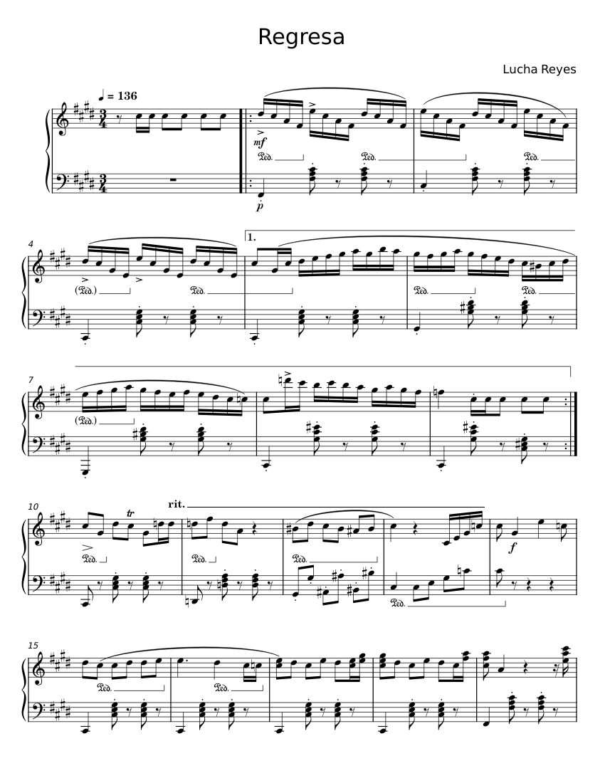 Regresa - Lucha Reyes Sheet music for Piano (Solo) | Musescore.com