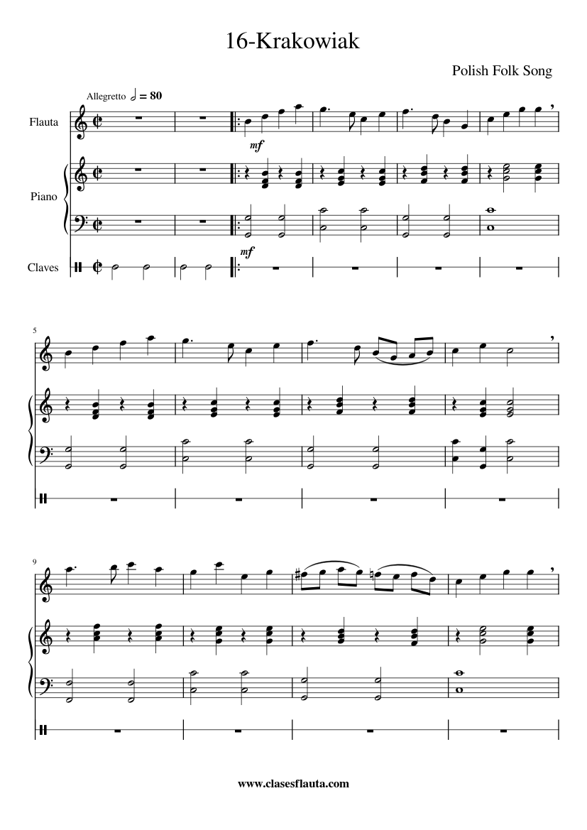 16-Krakowiak-Polish Folk Song Sheet music for Piano, Flute, Claves (Mixed Duet) | Musescore.com