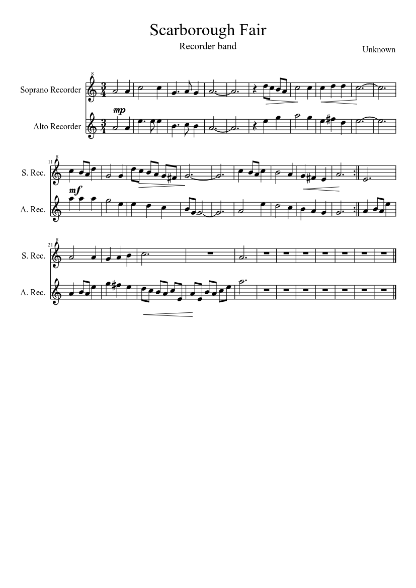 Scarborough Fair Alto and Descant recorder part. Sheet Music for ...