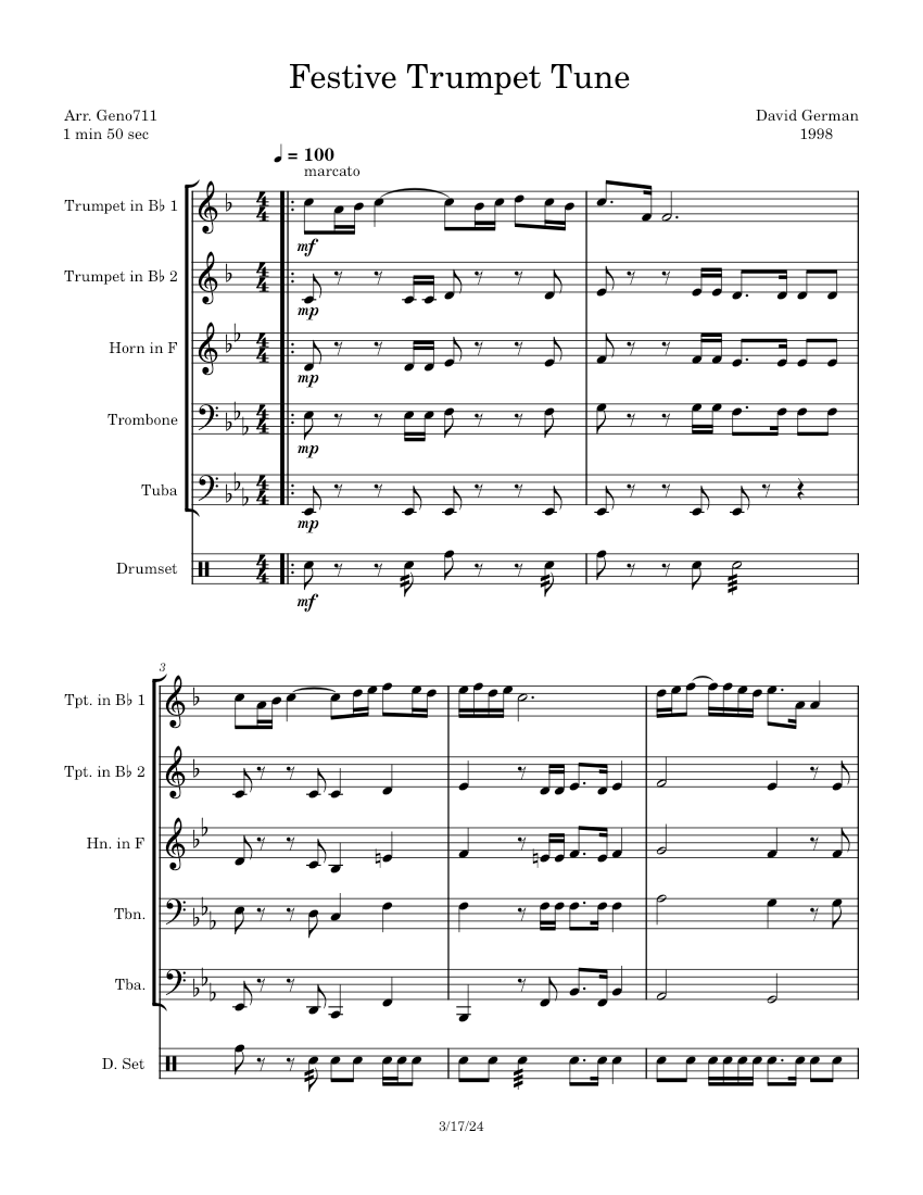 Festive Trumpet Tune Sheet music for Trombone, Tuba, French horn, Drum ...