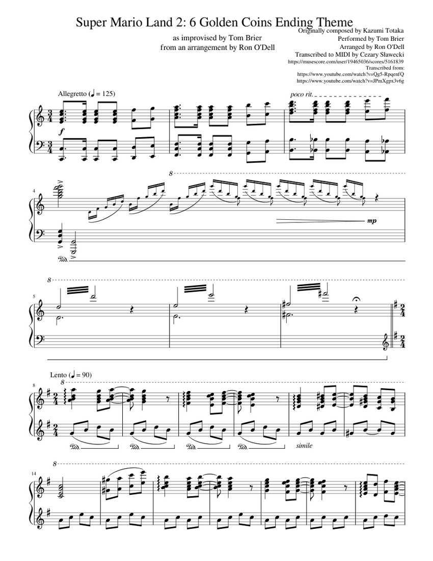 Super Mario Land 2 Ending Theme as played by Tom Brier Sheet music for Piano (Solo) | Musescore.com