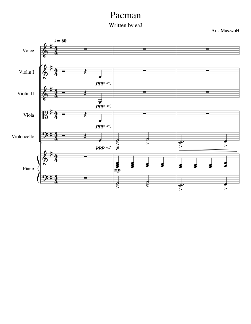 Pacman (eaJ) Sheet music for Piano, Violin, Viola, Cello (String ...